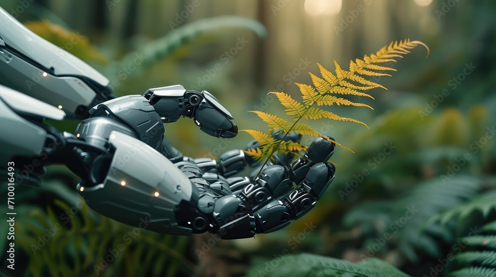 Robot hand and a fern leaf, Fern forest background. Generative AI ...