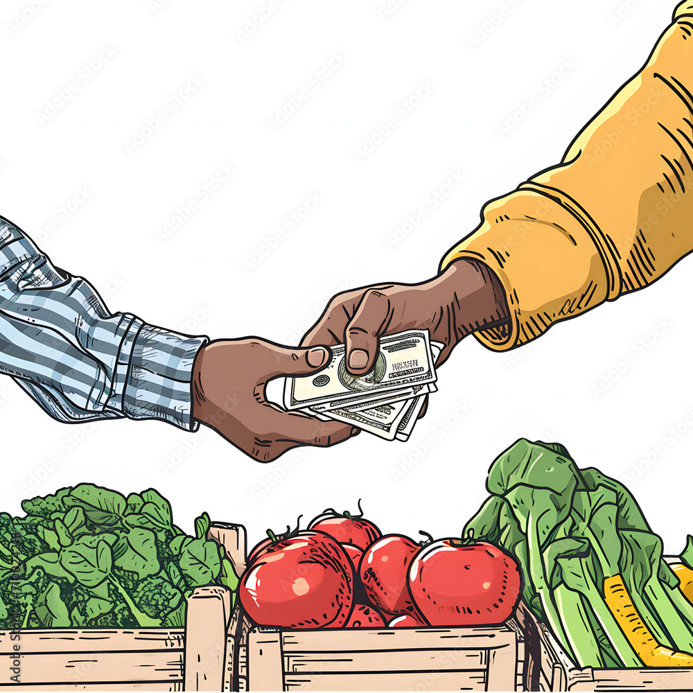 Handing over cash for a purchase at a market isolated on white ...