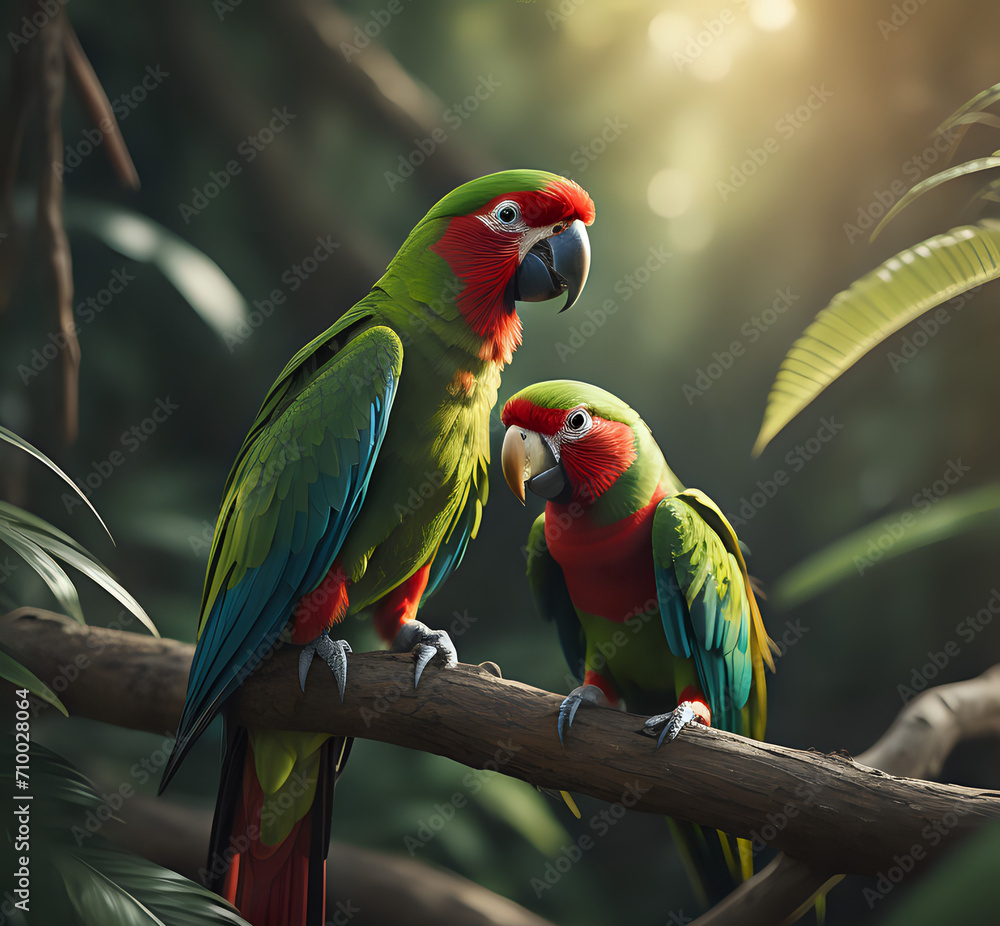 Pair of birds, green parrot Military Macaw, Ara militaris, Costa Rica. two scarlet macaws on a ...