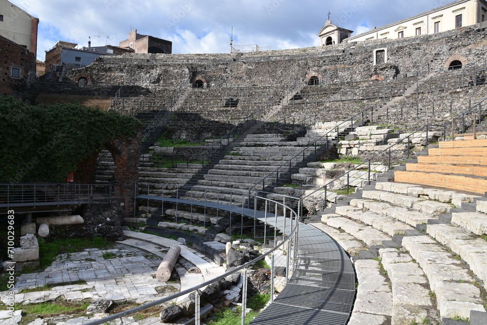 Ruins of an amphitheater built in the 2nd century with a stepped ...