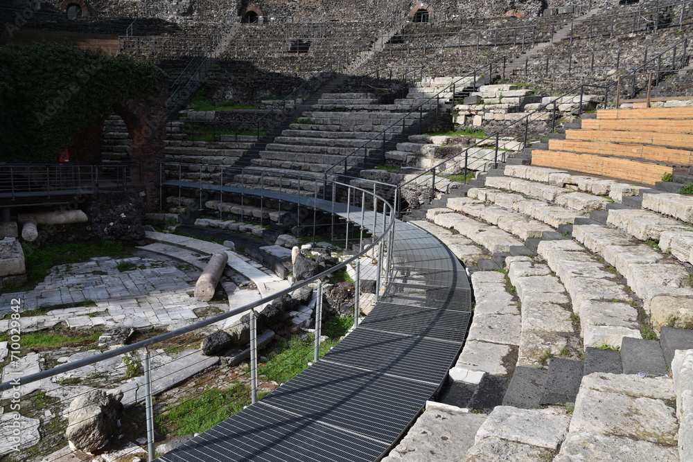 Ruins of an amphitheater built in the 2nd century with a stepped ...
