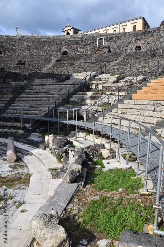 Ruins of an amphitheater built in the 2nd century with a stepped ...
