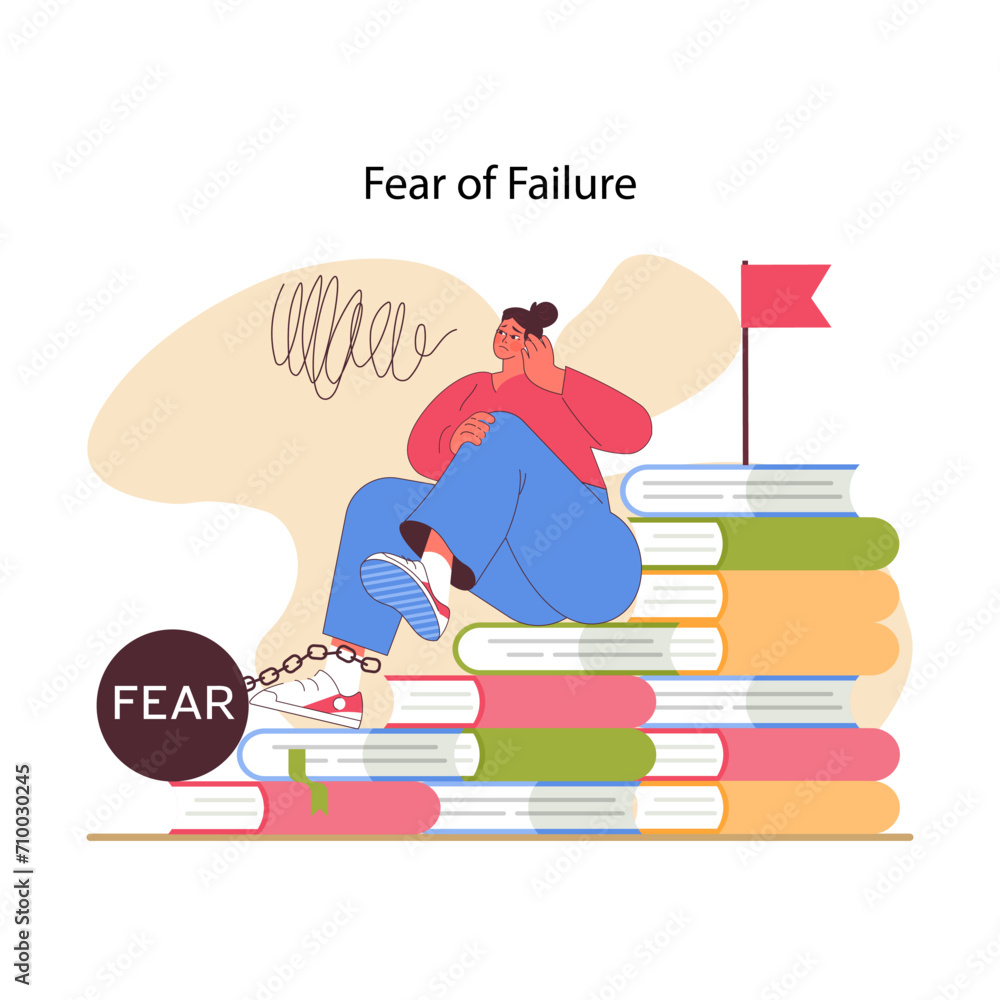 Educational stress concept. Disheartened student atop stack of books ...