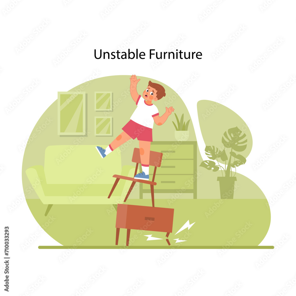 Furniture safety incident. Startled young boy teetering on chair ...