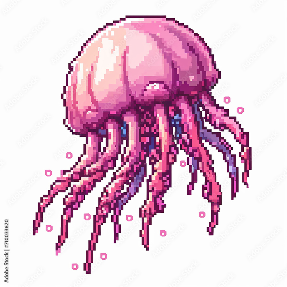 Pixelated art illustration of a pink jellyfish on a white background ...