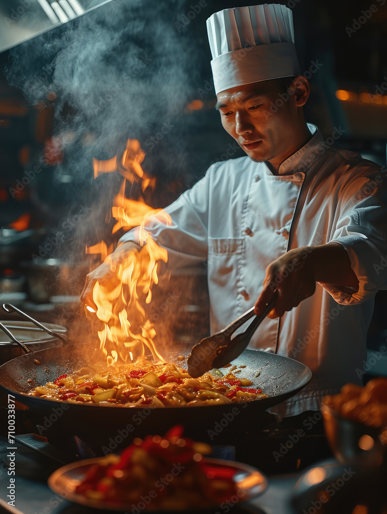 Chinese chef with a big pan cooking gourmet food. Generative AI. Stock ...