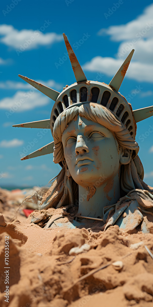 Buried in the beach the torch and the head of the Statue of liberty USA ...