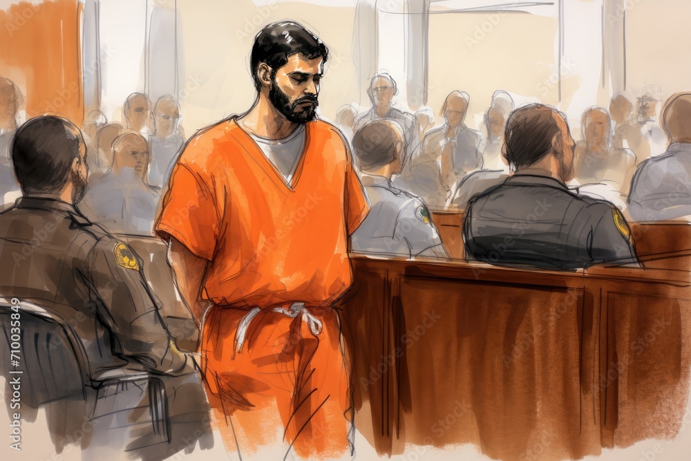 Courtroom Sketch of a Defendant in Orange Jumpsuit Facing Trial Stock Photo | Adobe Stock