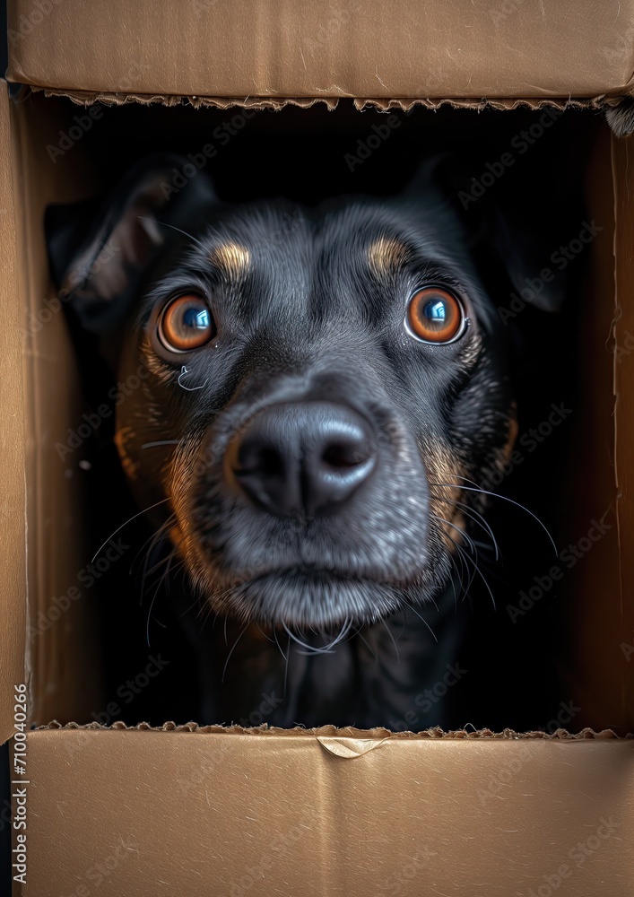 Pequeño perro abandonado en una caja de cartón, a su suerte, está ...