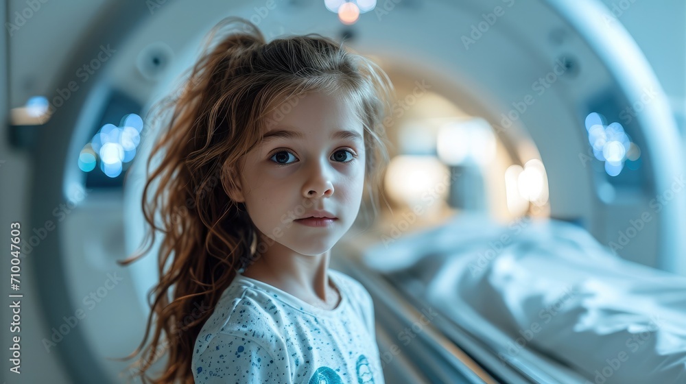 An interested child is behind the gantry of a CT or MRI machine and ...