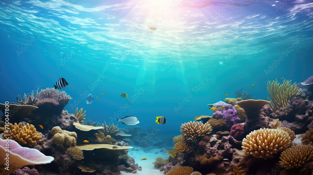 Underwater world with carals, reefs, algae and exotic fish. Direct rays ...