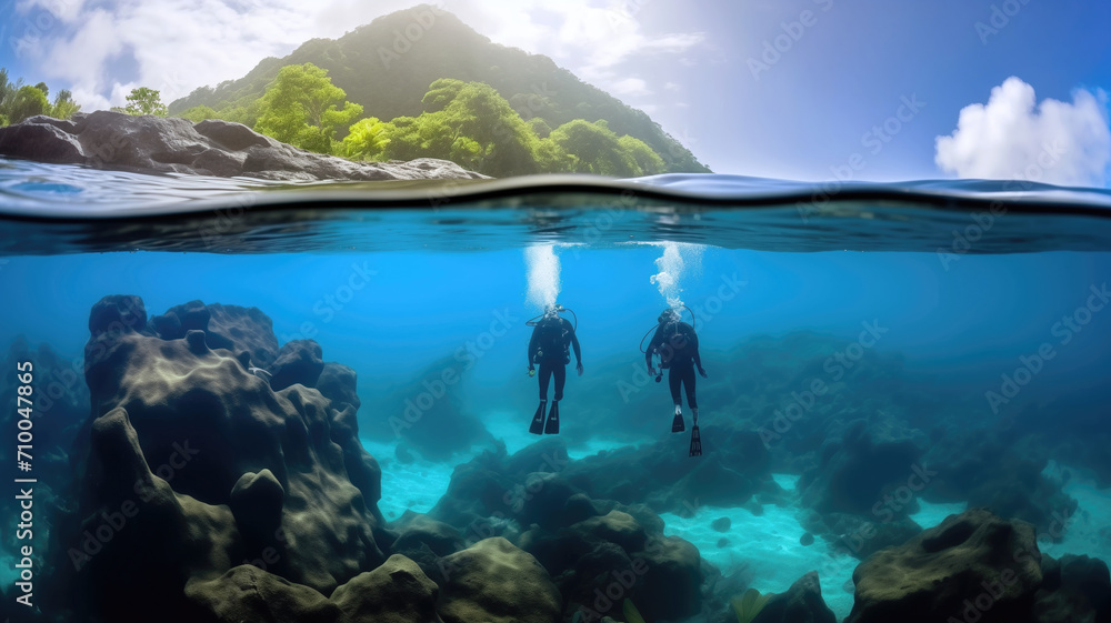 Underwater world with carals, reefs and algae. Camera immersion ...