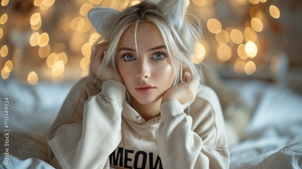 Fantasy photography of a beautiful woman with half human half cat breed ...