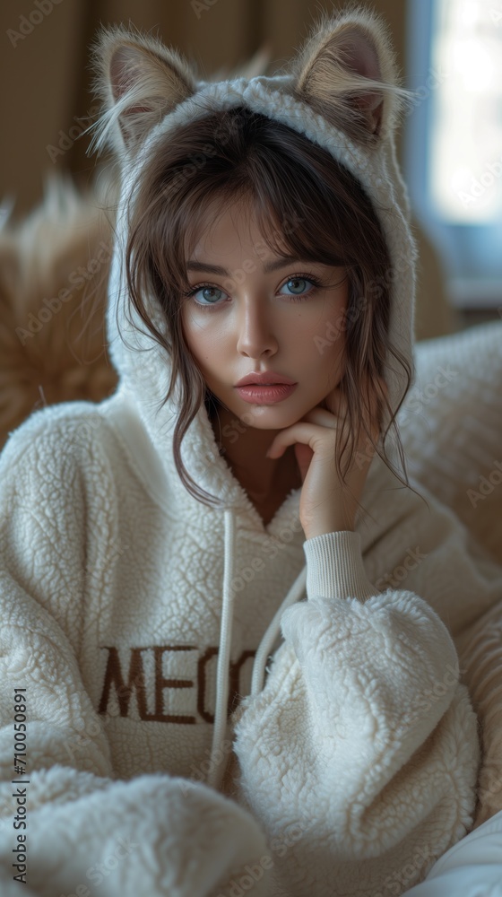 Fantasy photography of a beautiful woman with half human half cat breed ...