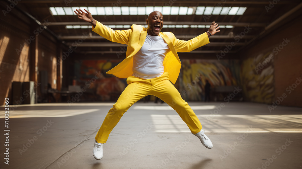 Expressive African American man in fancy yellow suit dancing in a dance ...