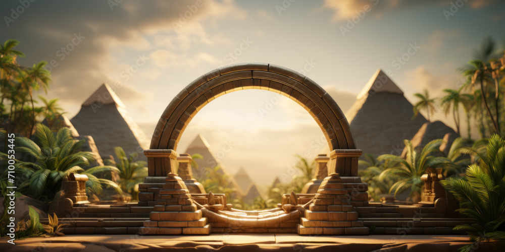 Round wooden stage in the jungle studio with ancient pyramids. Stock ...