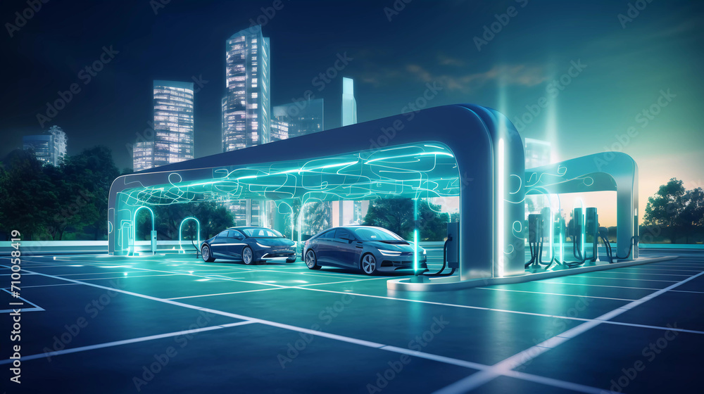 Innovative electric car connected to charging station with future ...