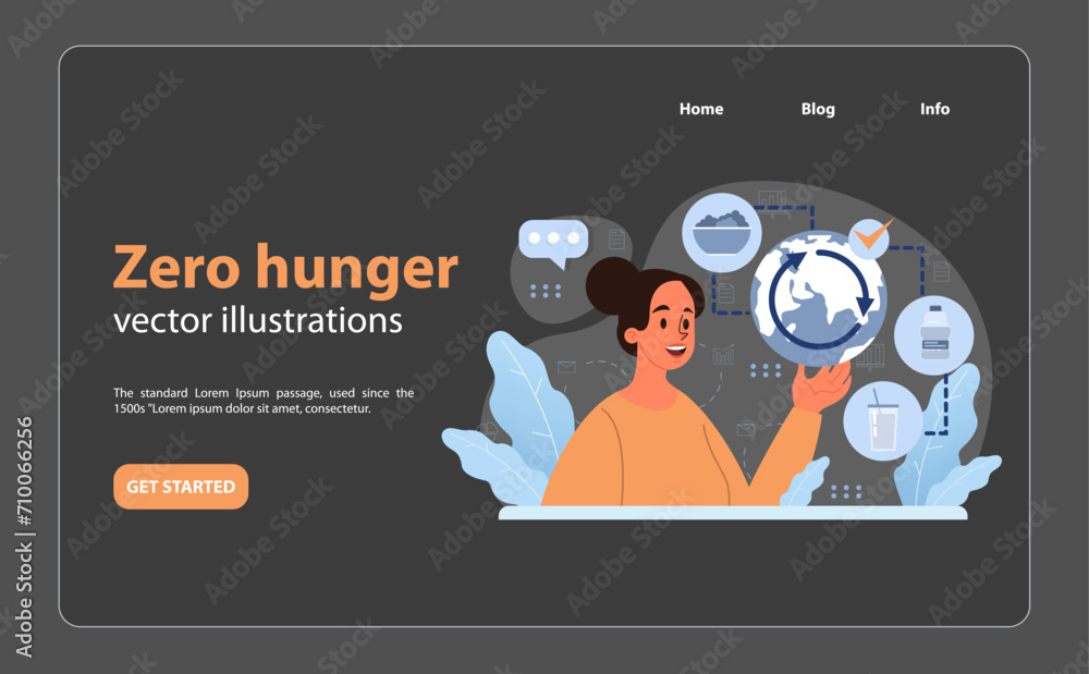 Zero hunger night mode or dark mode web banner or landing page. SDG or ...