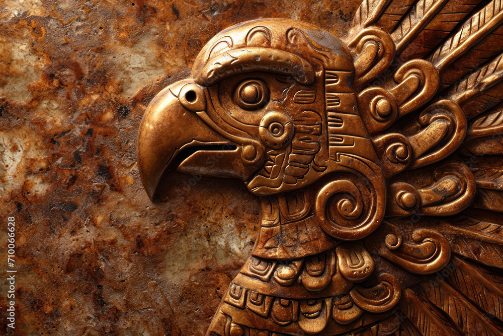 Eagle head side view, gold, Aztec inspired wall carving of ancient ...