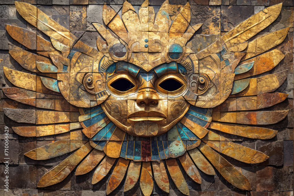 Feathered mask, bas relief, Aztec inspired wall carving of ancient ...