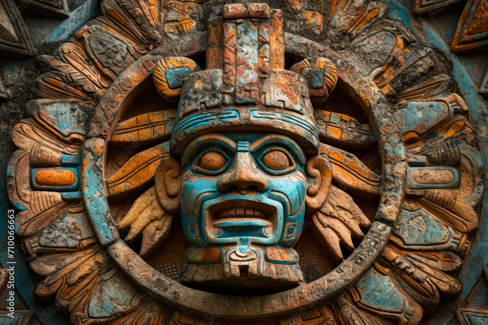 Stone and jade sun stone like dial, Aztec inspired wall carving of ...