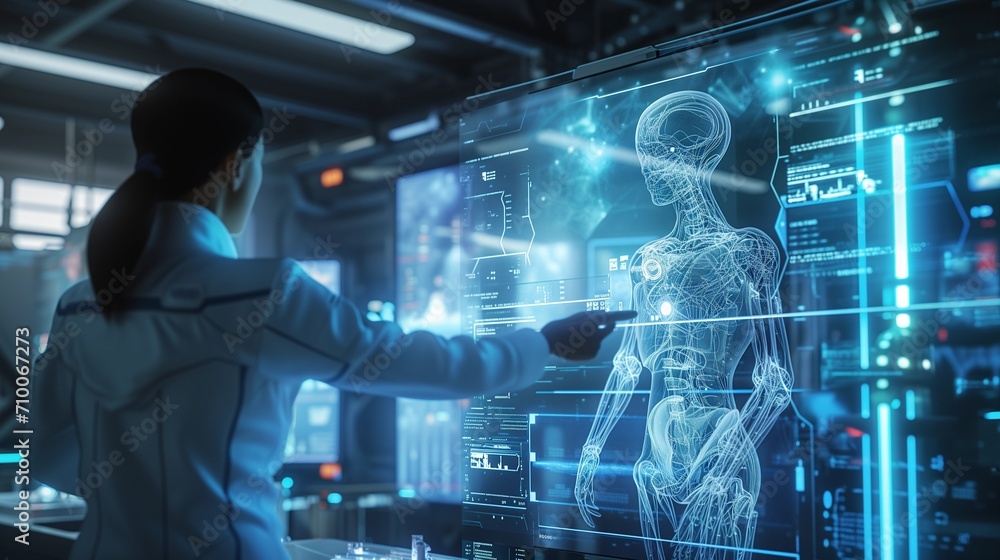 Scientist Interacting with a Holographic Human Anatomy Display in a ...