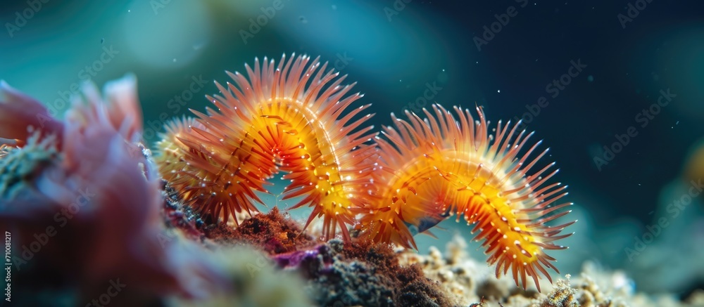 Macro photography of two venomous red spiny fireworms (Amphinomidae ...