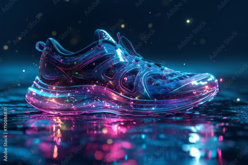 Holographic projection of a sports sneaker with neon lighting on navy ...