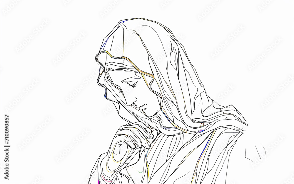 Desenho da Virgem Maria, em desenho de uma linha, apenas contorno da ...