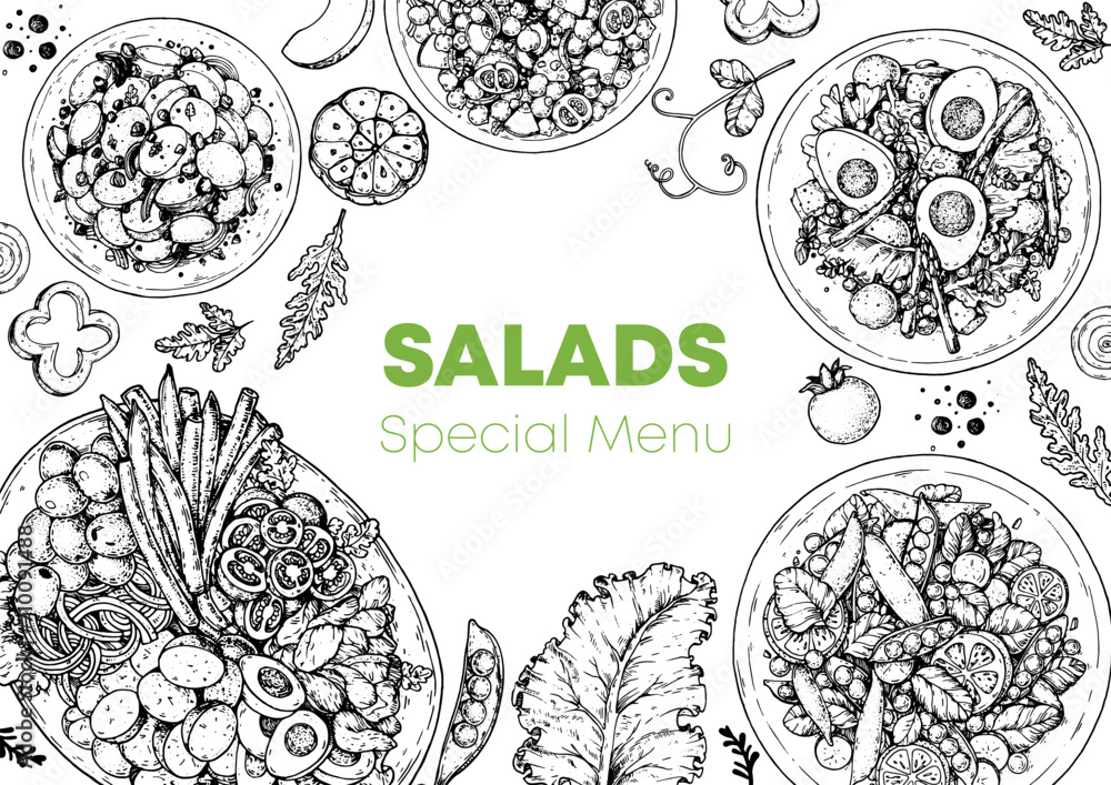 Hand drawn salads. Food top view vector illustration. Healthy eating ...