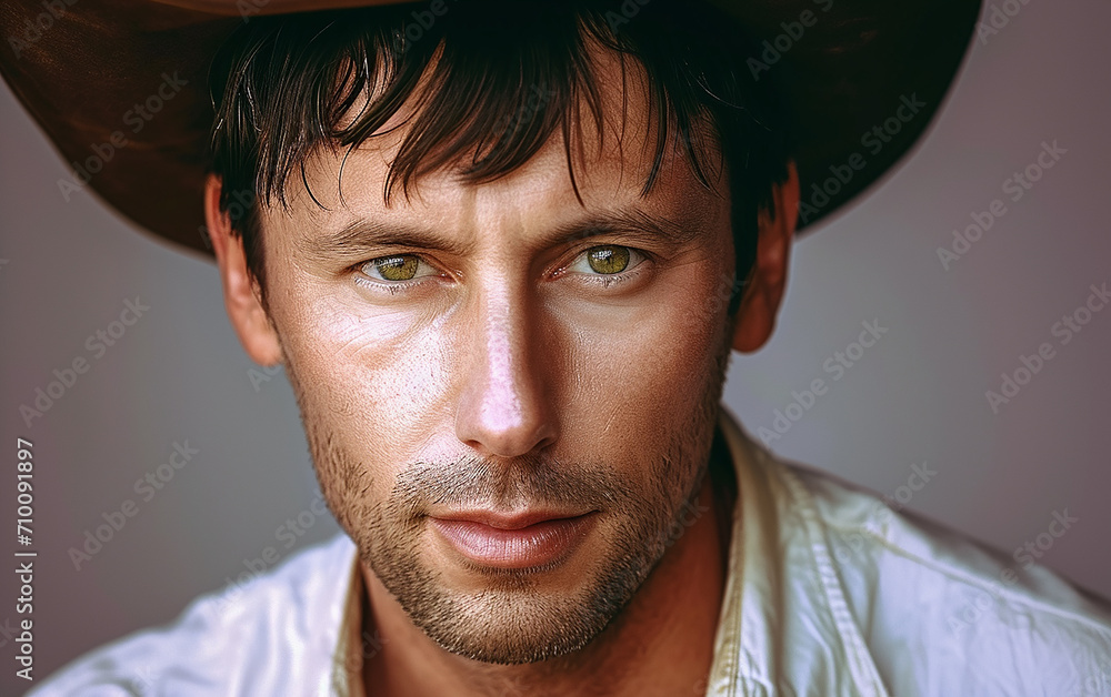 Homem bonito com chapéu em roupas estilosas de xerife cowboy, tons ...