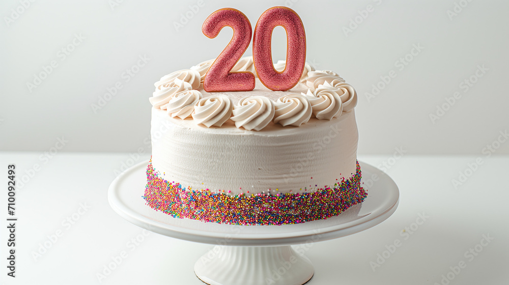 A white birthday cake with a "20" topper on top of cake with frosting ...
