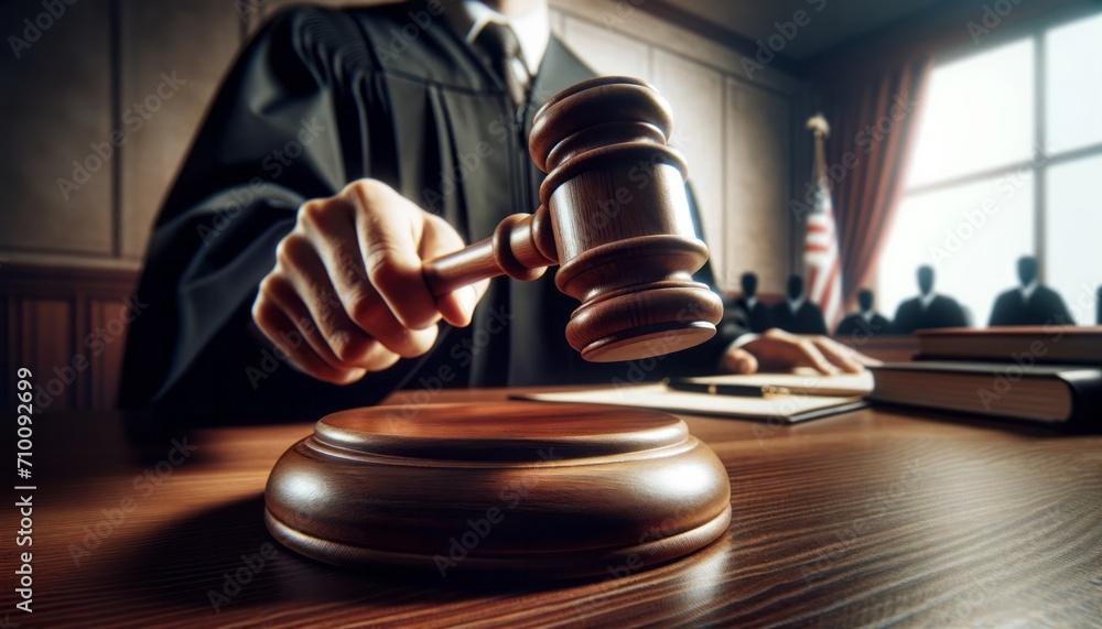 A judge's hand is poised to administer justice with a gavel in a ...