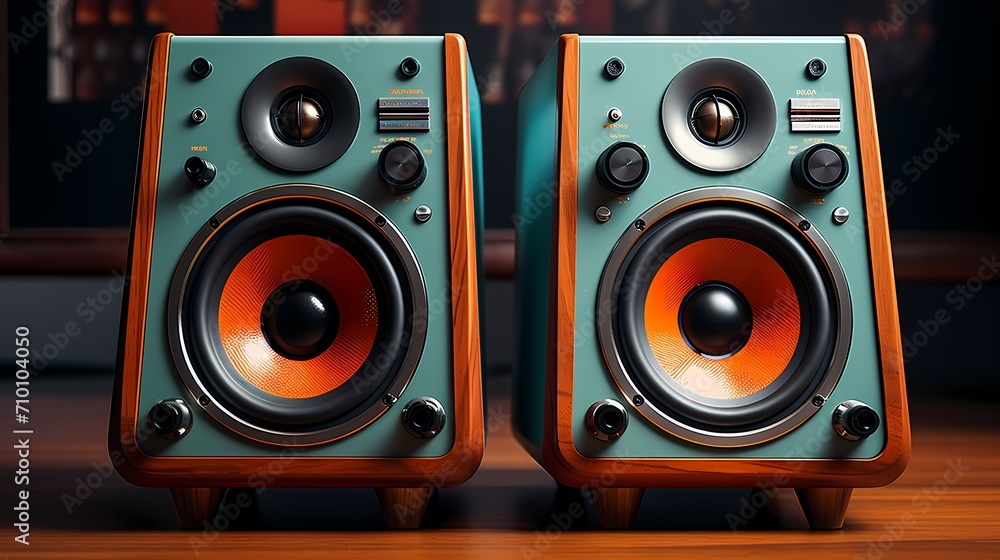 Foto de A set of retro-inspired computer speakers with a wooden cabinet ...