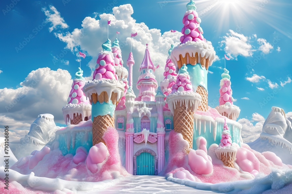 Candy castle, featuring ice cream cone turrets, a frosting covered ...