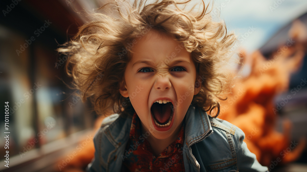 Toddler having a temper tantrum in a restaurant or cafe. Sad child ...