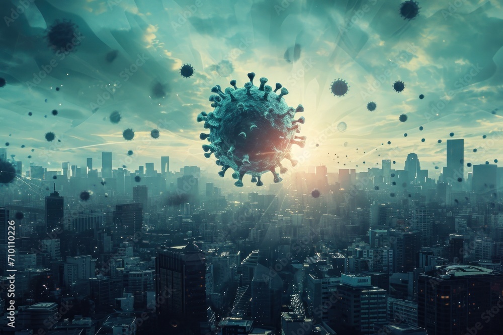 Scene featuring a city in catastrophe with a biohazard symbol and a ...