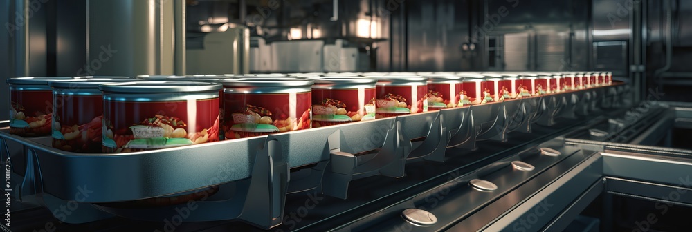Canned food factory, cans with their contents move on a conveyor belt ...