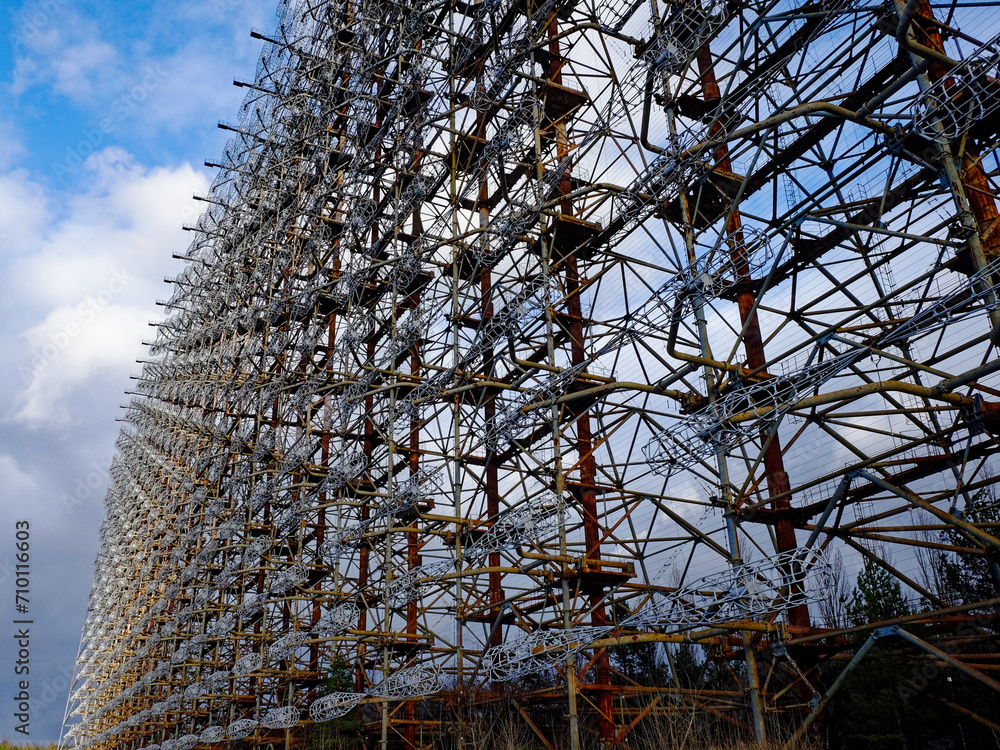 Rusted metal towers intertwined with numerous wires. Duga is a Soviet ...