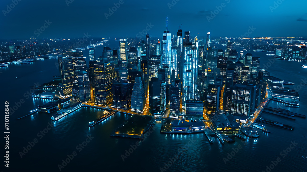 Aerial View of the Illuminated Statue of Liberty. Iconic Travel ...