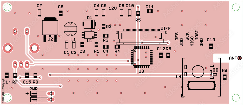 Vector printed circuit board of electronic device with components of ...