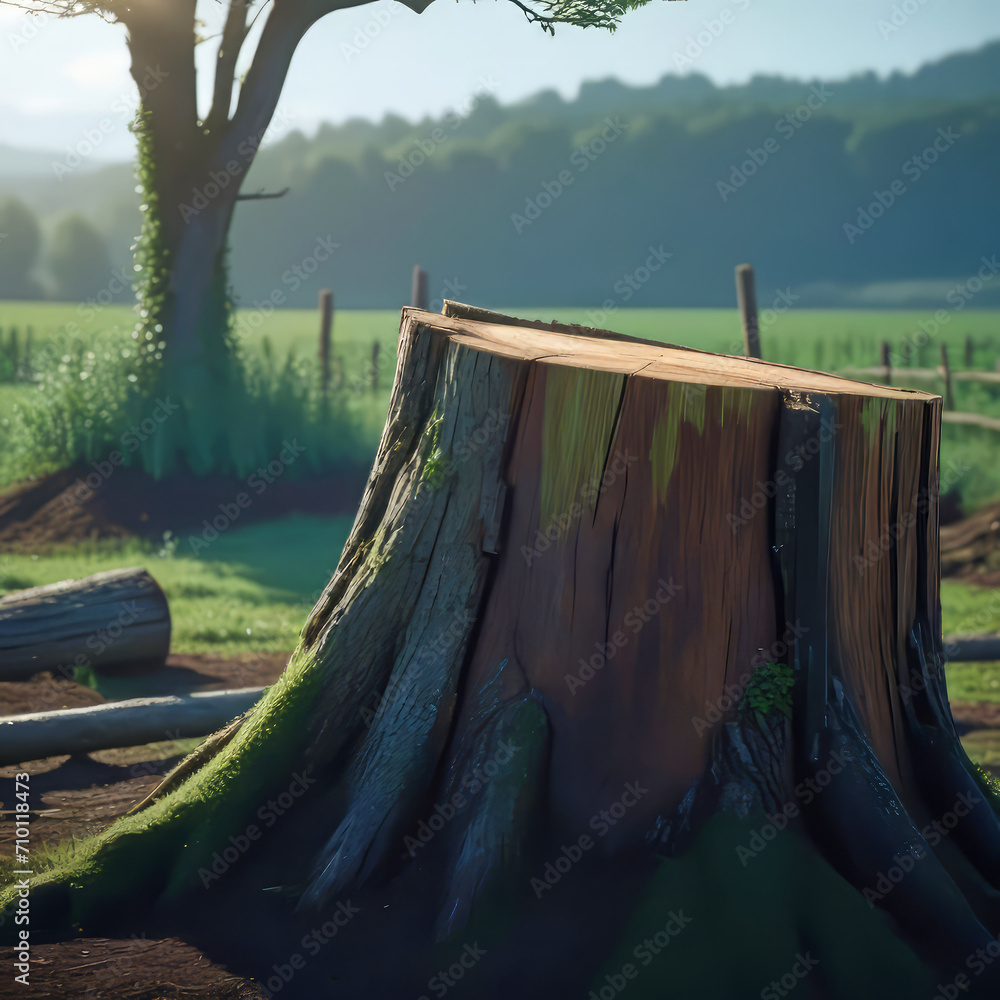 Large detailed picturesque wooden stump in the forest, deforestation ...