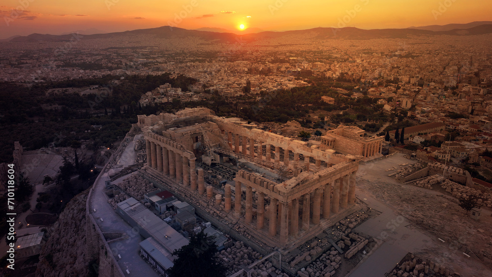Aerial drone photo of iconic Acropolis hill and the unique masterpiece of Ancient world the ...