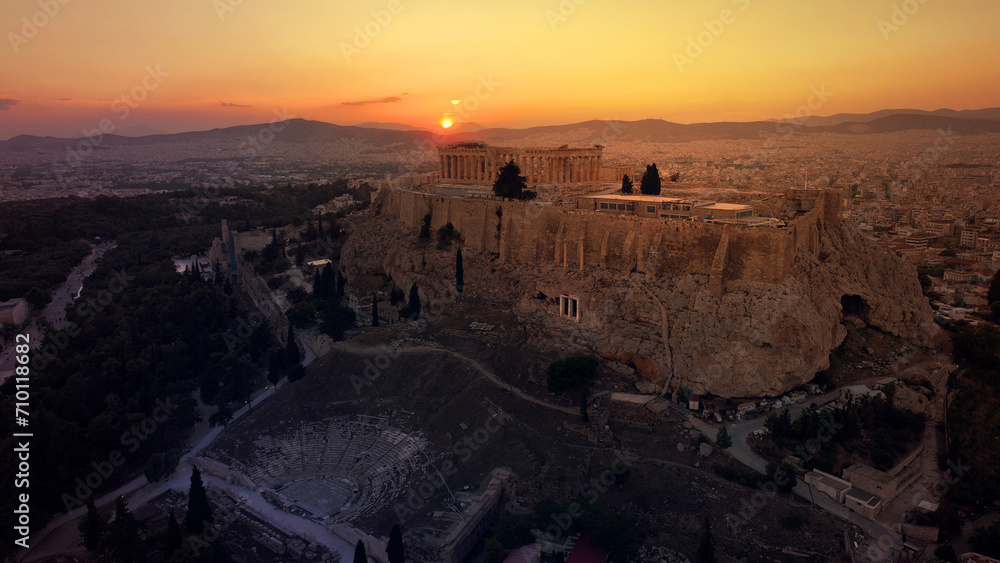 Aerial drone photo of iconic Acropolis hill and the unique masterpiece of Ancient world the ...
