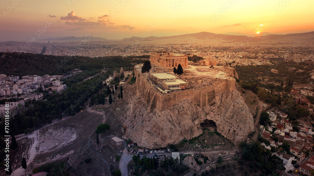 Aerial drone photo of iconic Acropolis hill and the unique masterpiece of Ancient world the ...