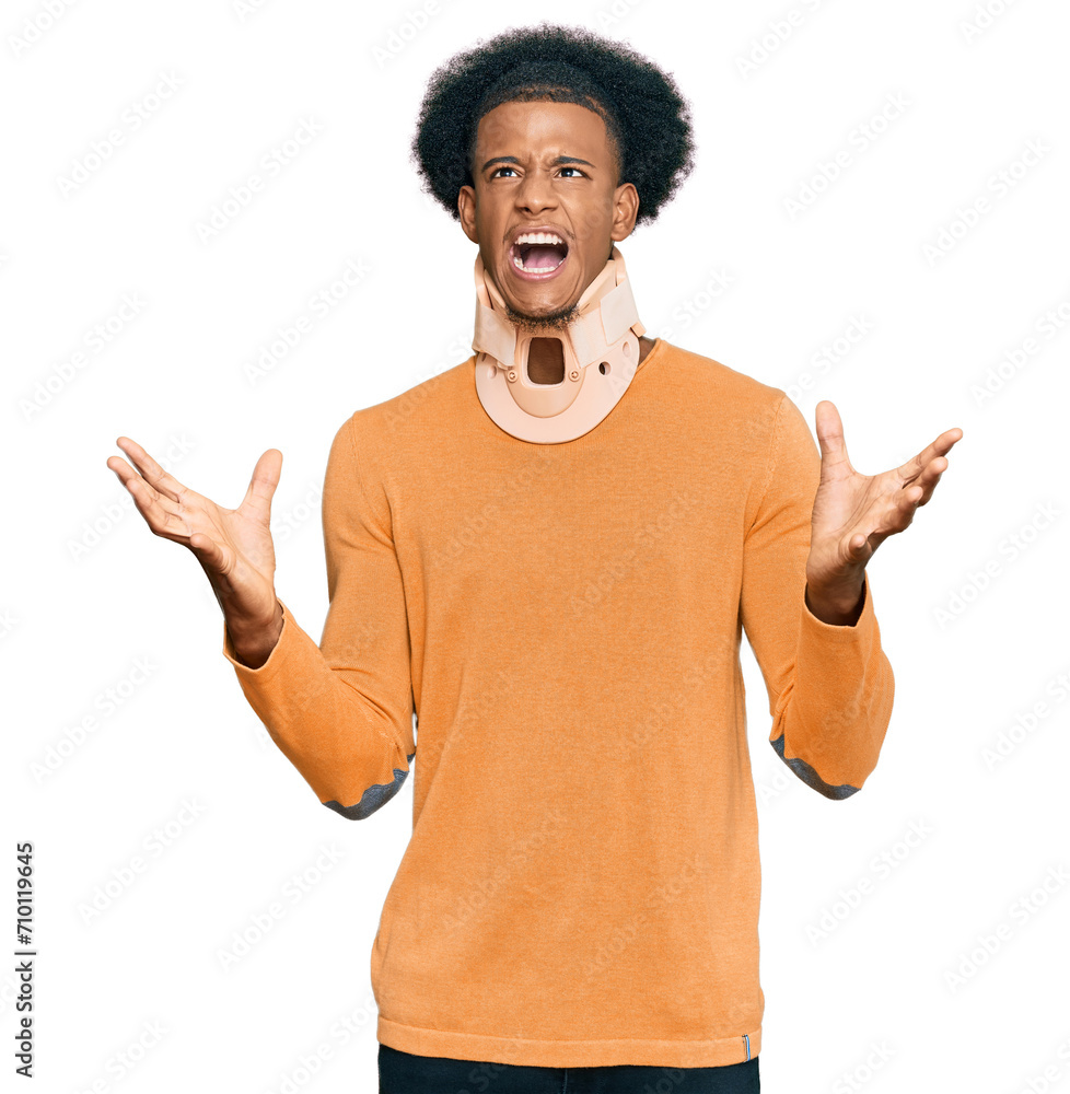 African american man with afro hair wearing cervical neck collar crazy ...