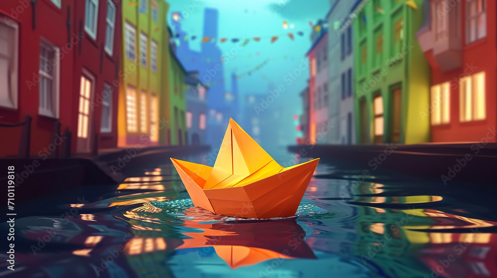 Yellow origami paper boat sailing down the street, cartoon illustration ...