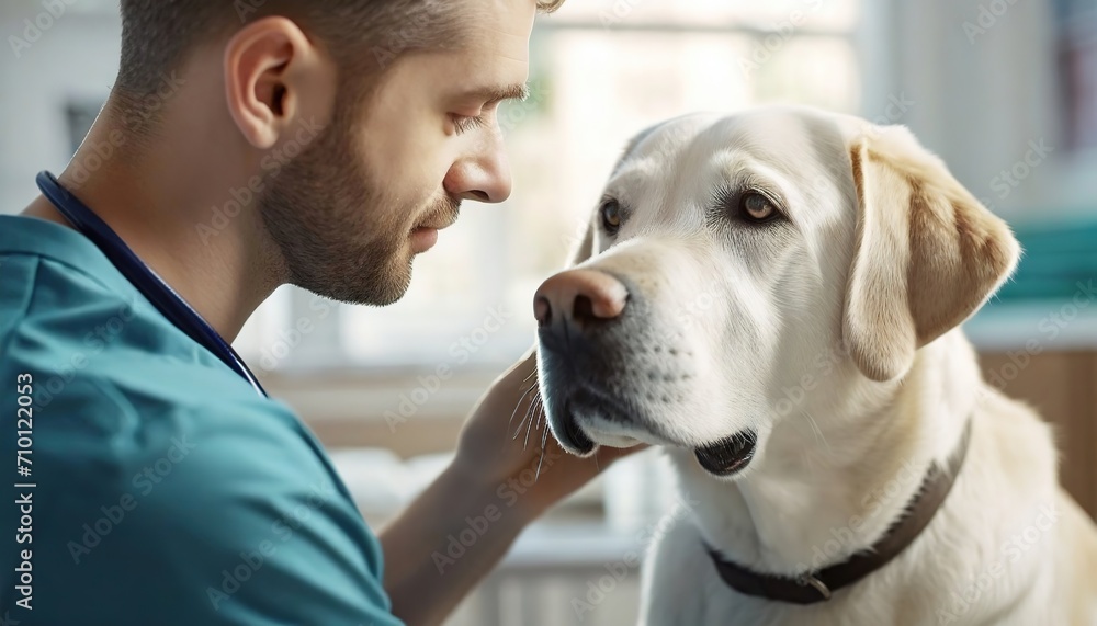 Veterinarian Sharing a Moment with a dog. A caring vet gently examines ...