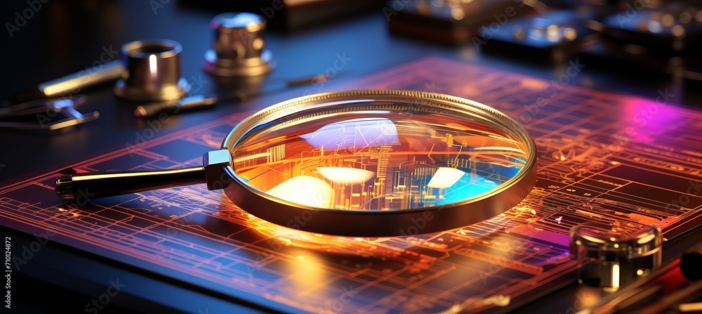 Data analysis and seo concept with magnifier, charts, and neon screen ...