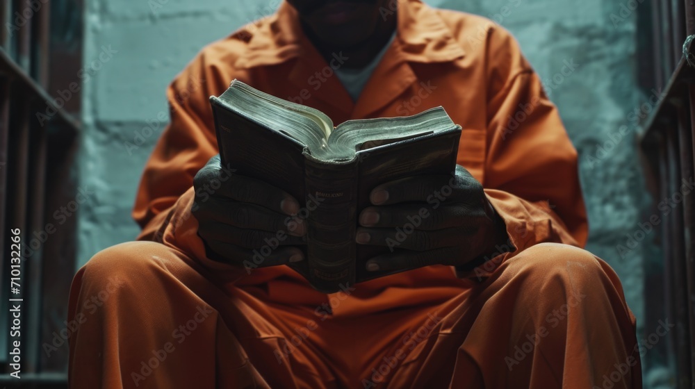 A man sitting down reading a book in a jail cell. This image can be ...